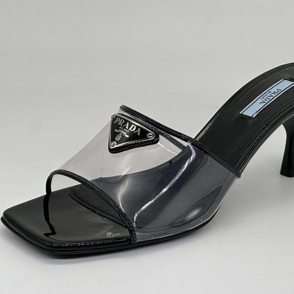 Prada | Shoes | Prada Signature Triangle Logo Pvc Patent Mule Sandals ...